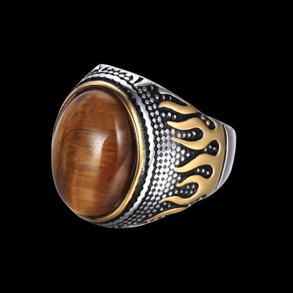 Natural Stone Flame Ring | Stainless Steel Gothic Jewelry | Chrome Cult